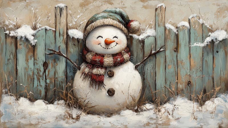 Cheerful Snowman by Rustic Fence in Snowy Winter Landscape Stock ...
