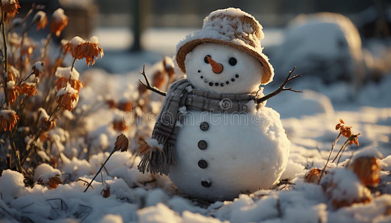 Cheerful Snowman Smiles, Surrounded by Winter Nature and Snow Generated ...