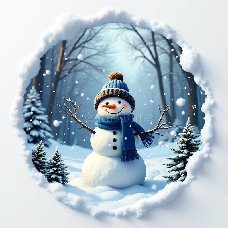 A Cheerful Snowman Stands in a Snowy Forest, Surrounded by Falling ...