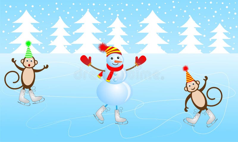 Cheerful Snowman and Two Monkeys Skate on the Ice Stock Vector ...
