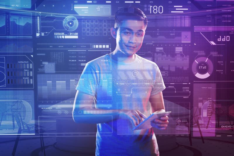 Cheerful Software Developer Standing with a Tablet and Smiling Stock ...