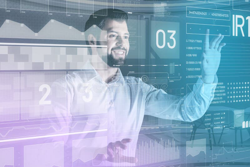 Cheerful Software Developer Touching the Transparent Screen and Smiling ...