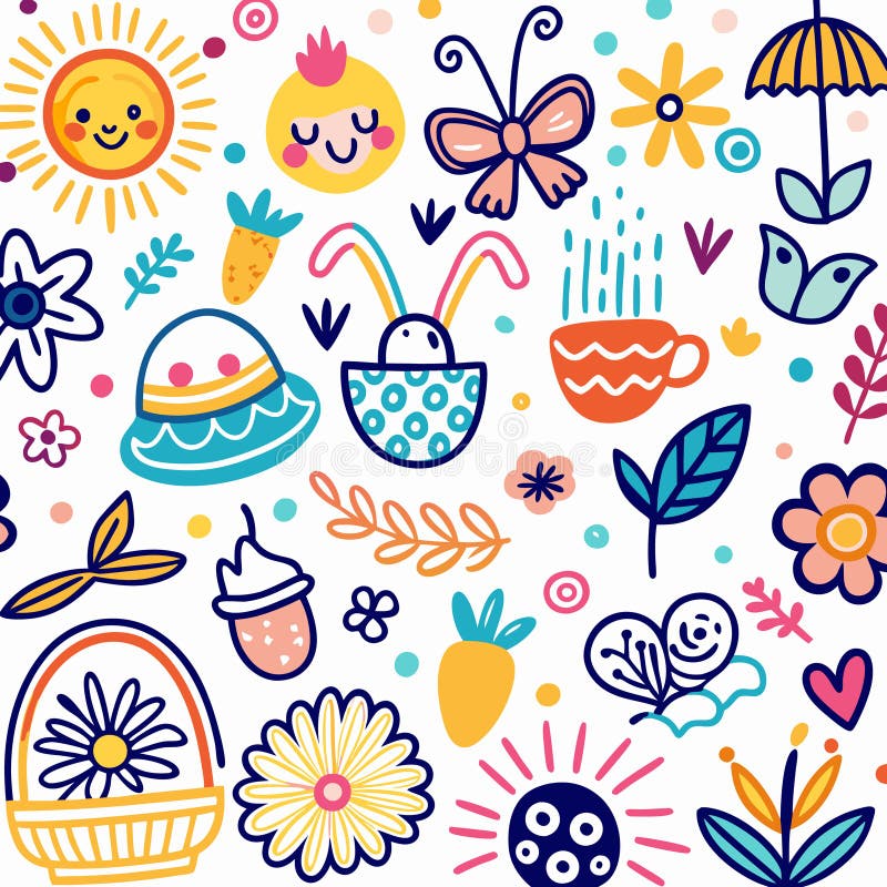 Cheerful Spring Doodle Pattern with Flowers, Sun, Bunny, Butterfly, and ...