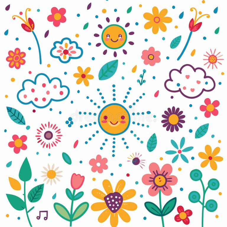 Cheerful Spring Flowers, Sun, Clouds Illustration Stock Vector ...