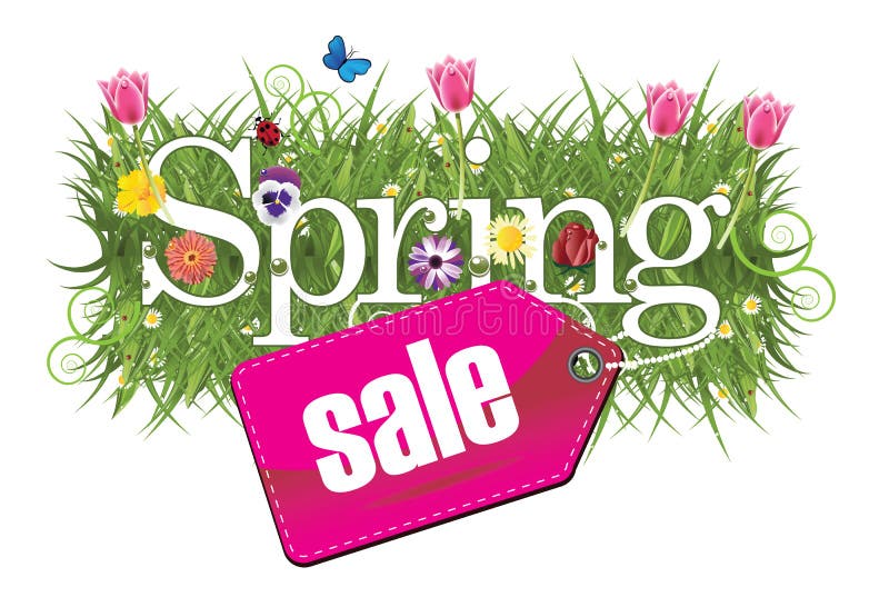 Cheerful Spring Sale Design with Grass, Flowers and Butterflies Stock ...