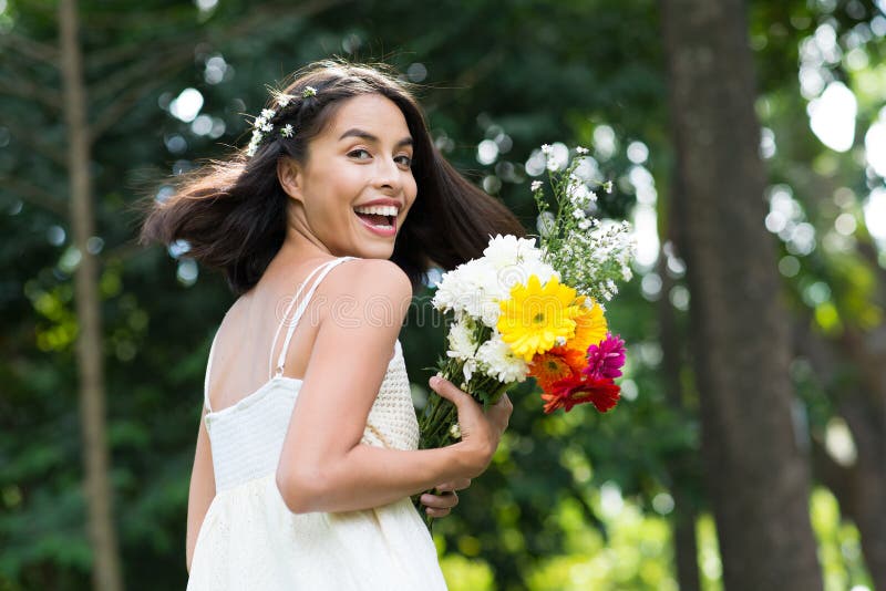 Loving Couple Walking in Spring Park Stock Image - Image of bouquet ...