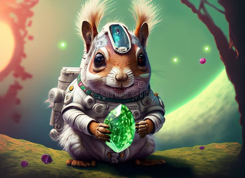 Cheerful Squirrel in Space Suit with Green Emerald Stock Illustration ...