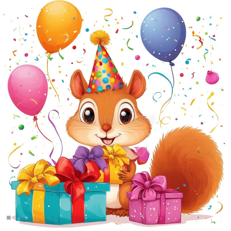 A Cheerful Squirrel Wearing a Party Hat is Surrounded by Colorful ...