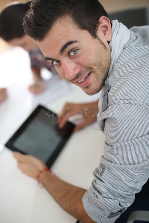 Cheerful Student Working with Tablet Stock Photo - Image of school ...