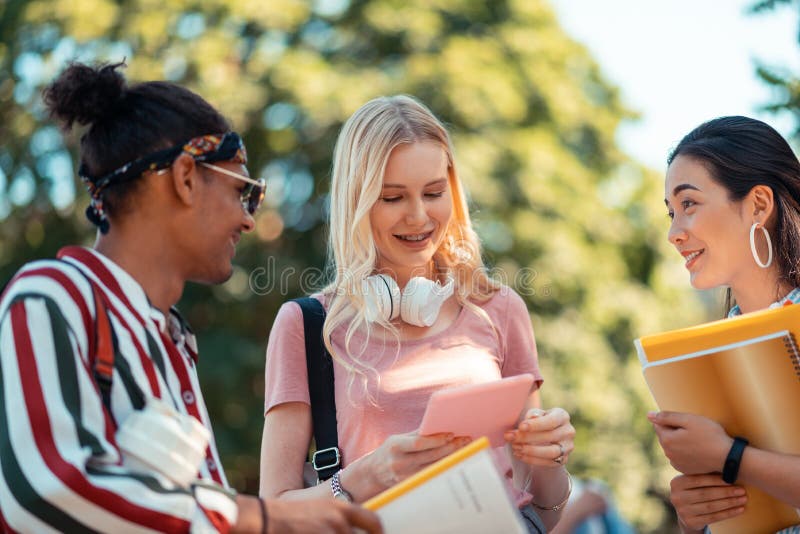 Cheerful Students Discussing Their Homework after Classes. Stock Photo ...