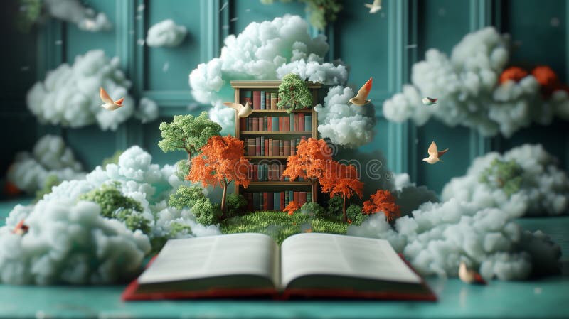 Cheerful Studio Library Featuring Colorful Decor of Floating Clouds and ...