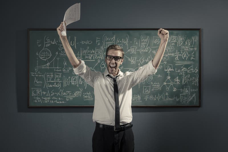 Cheerful Successful Mathematician Solving a Problem and Celebrating ...