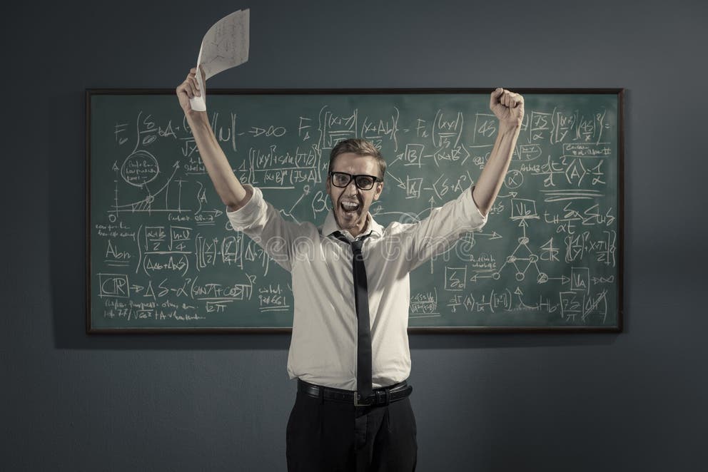 Cheerful Successful Mathematician Solving a Problem and Celebrating ...