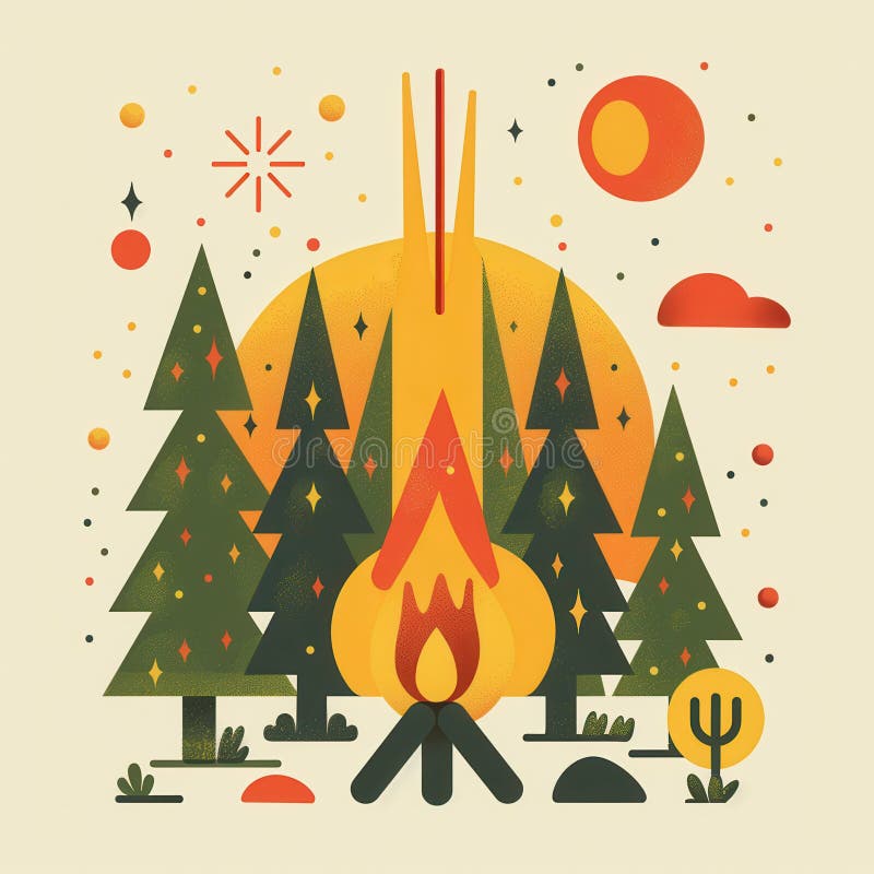 Cheerful Summer Camp Logo Design with Stylized Trees and Campfire Elements Stock Photo - Image ...