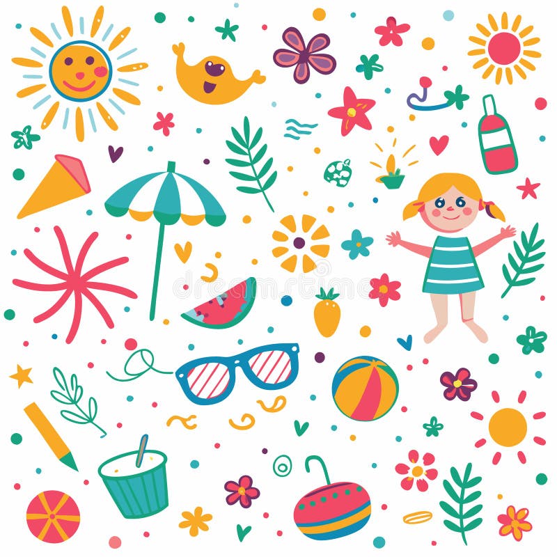 Cheerful Summer Illustration with Girl, Sun, Flowers, and Beach ...