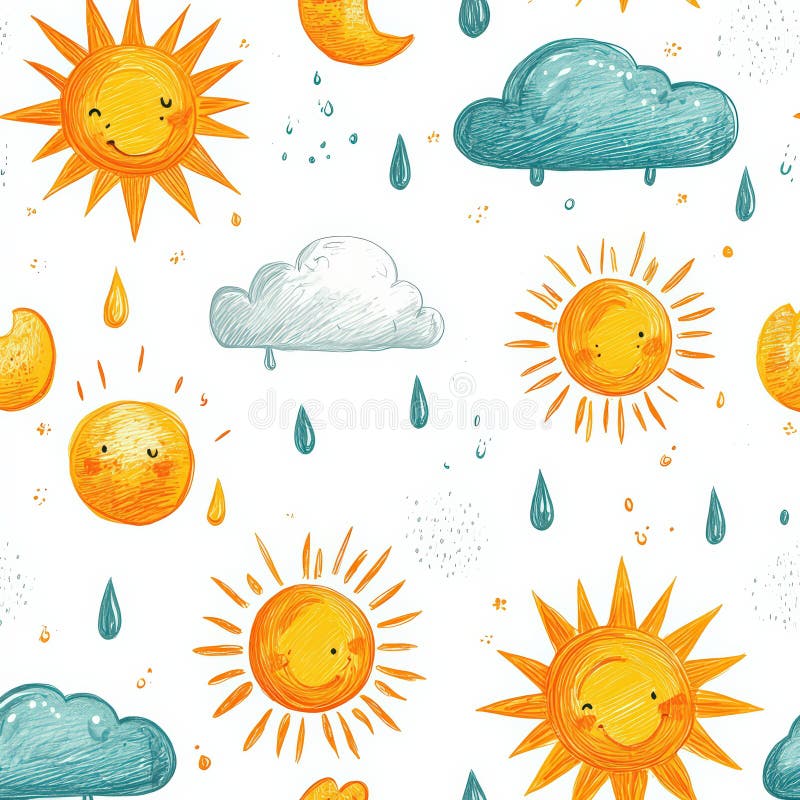 Cheerful Sun and Cloud Patterns with Happy Faces on White Background ...