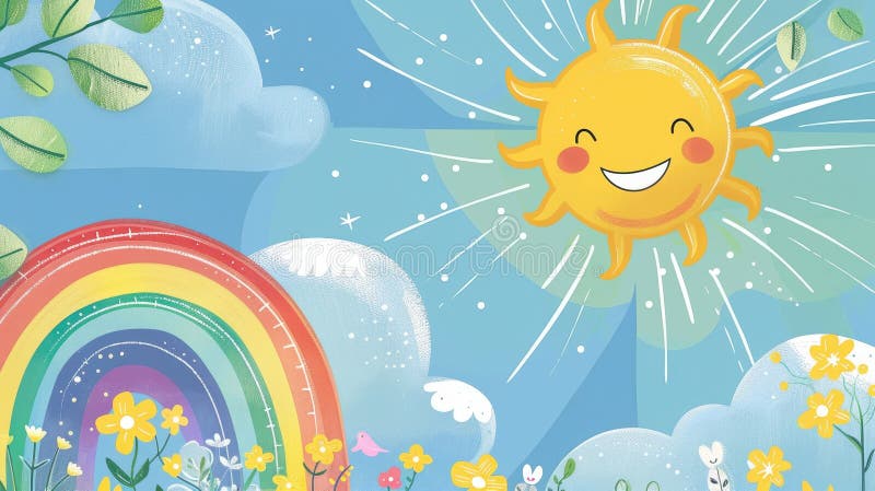 Cheerful Sun and Vibrant Rainbow in Whimsical Sky Illustration Stock ...