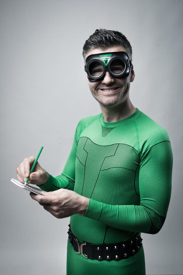 Cheerful Superhero with Notebook Stock Image - Image of expressing ...