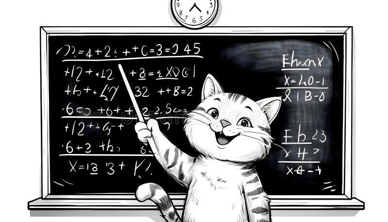Cheerful Tabby Cat Teaching Math in Classroom Setting Black and White ...