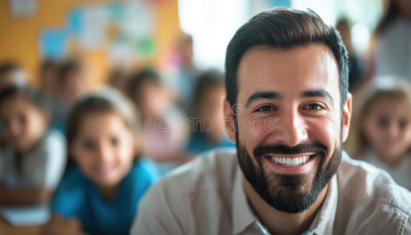 Teacher Smiling Warmly with Students Engaged in a Classroom Setting ...