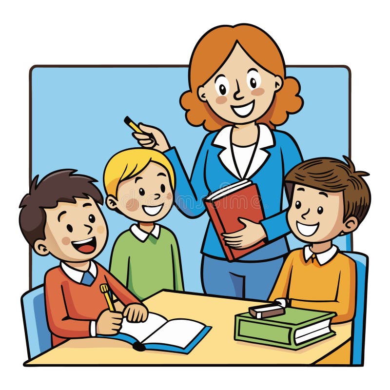Cheerful Teacher Guiding Students in Classroom Stock Vector ...