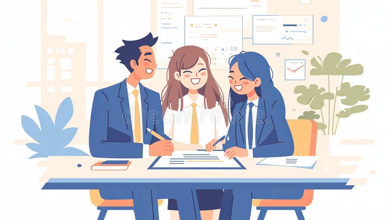 Cheerful Team Collaborating at Office Table with Business Documents ...