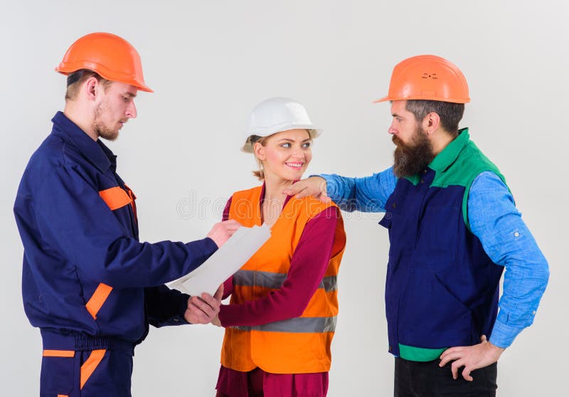 Cheerful Team Concept. Men in Hard Hats, Uniform and Woman Stock Image ...