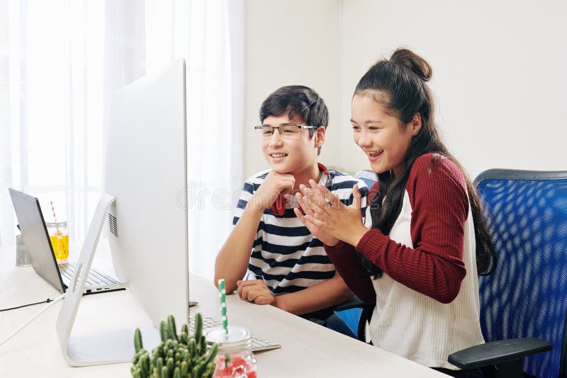 Cheerful Teens Writing Programs Stock Image - Image of women, males ...