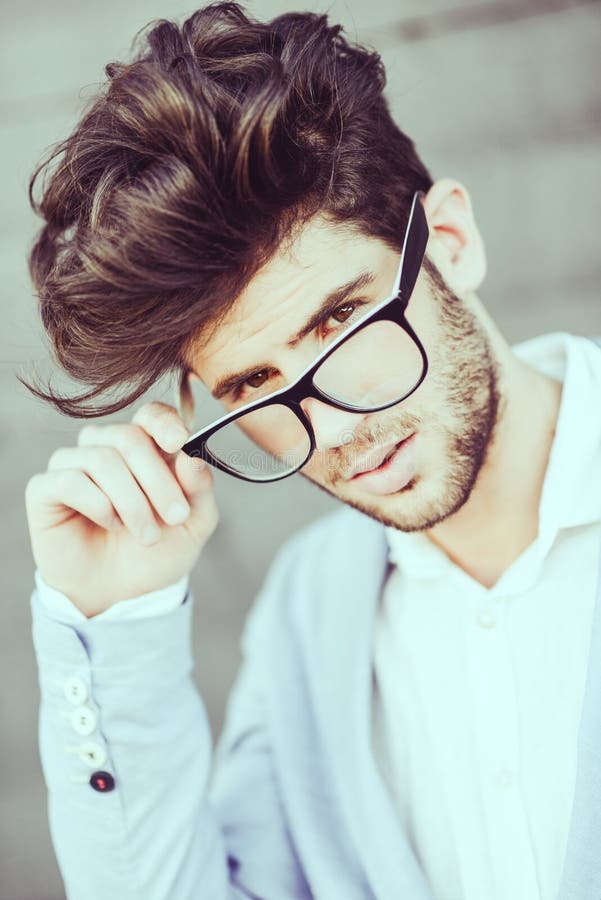 Cheerful Trendy Guy with Black Eyeglasses on Stock Image - Image of ...