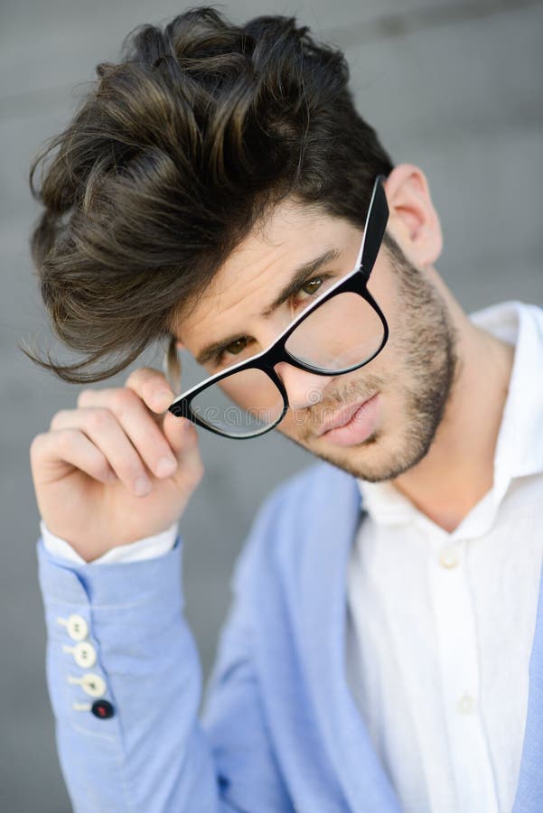 Cheerful Trendy Guy with Black Eyeglasses on Stock Photo - Image of ...