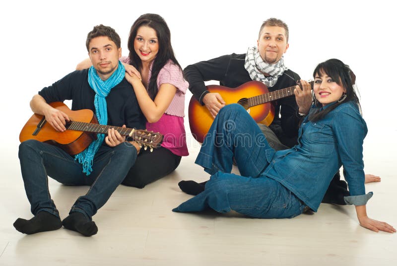 Cheerful Two Couples with Guitars Stock Photo - Image of colorful ...