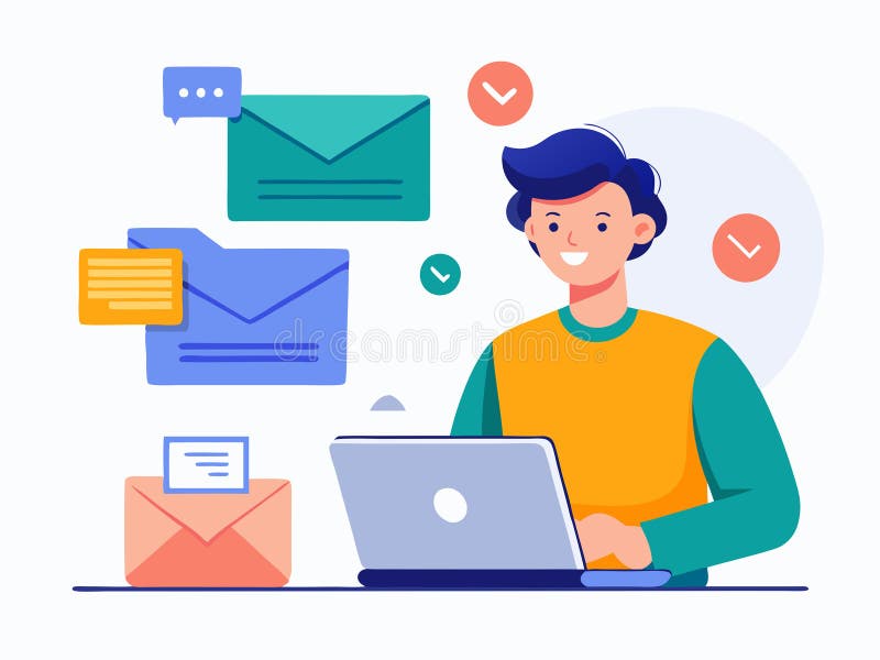 Man Managing Emails on Laptop Illustration Stock Vector - Illustration ...