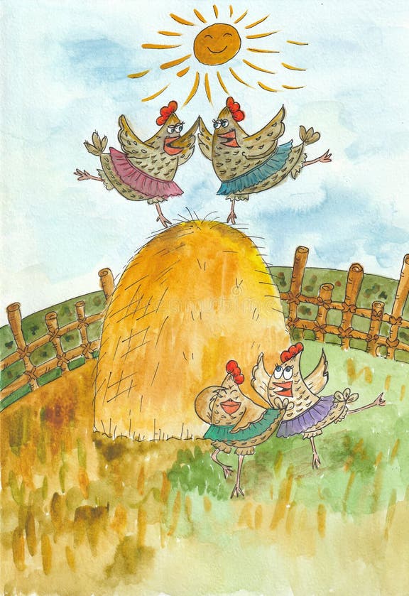 Cheerful Village Chickens Chickens Dancing on a Haystack Stock ...