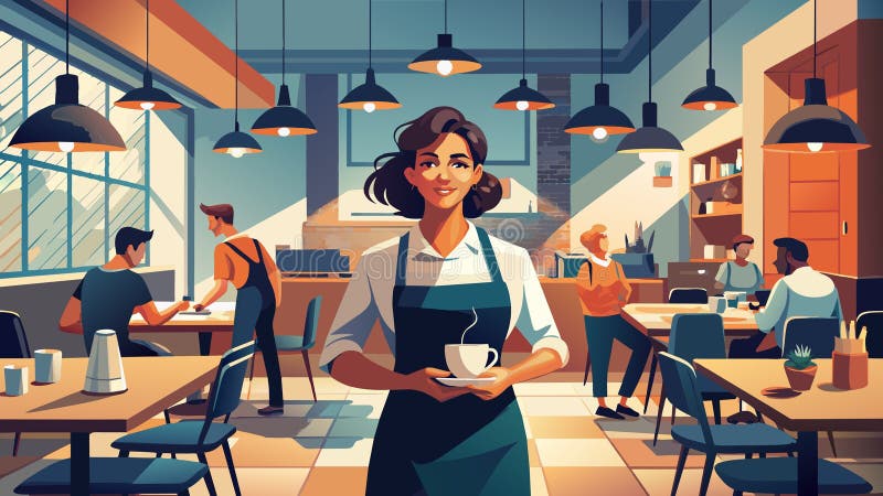Cheerful Waitress Serving Coffee in Bustling Modern Cafe Stock Photo ...