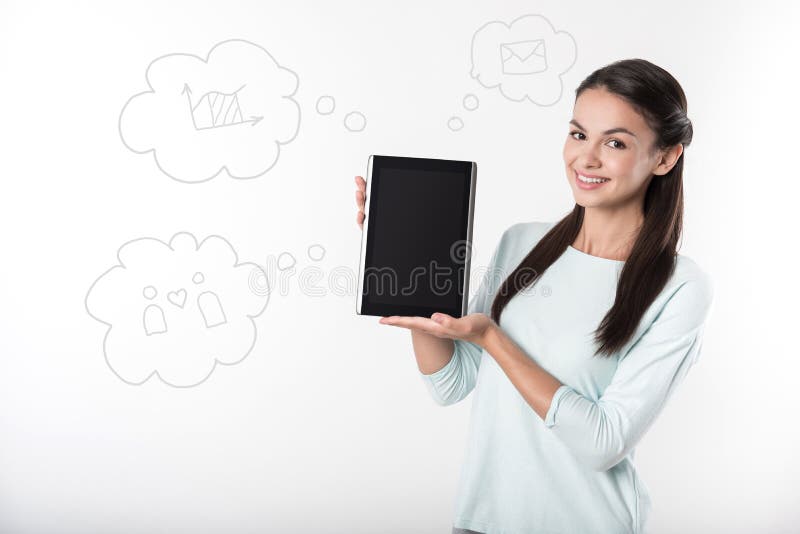 Cheerful Web Developer Smiling and Showing a New Modern Tablet Stock ...