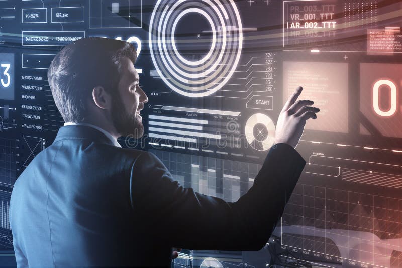 Cheerful Web Developer Touching the Screen and Smiling Stock Image ... Cheerful Web Developer Touching the Screen and Smiling Stock Image ...