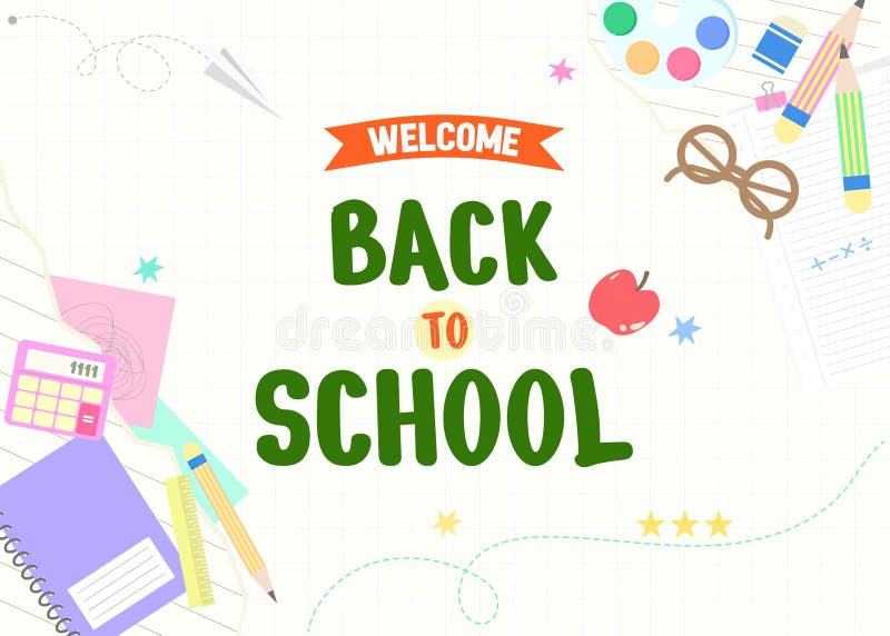Cheerful Welcome Back To School Concept with Tools and Supplies, Vector ...