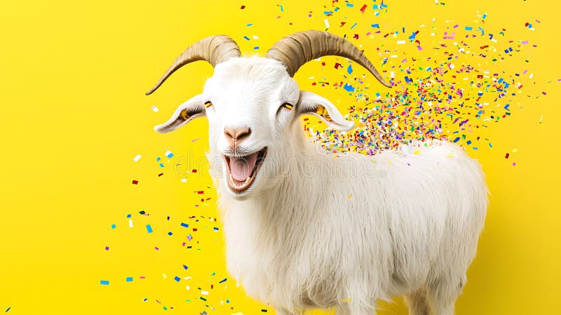 Cheerful White Goat with Confetti on Yellow Background Stock ...