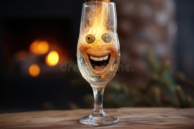 Cheerful Wine Glass on Wood, with the Blurred Flames of a Fire Behind ...