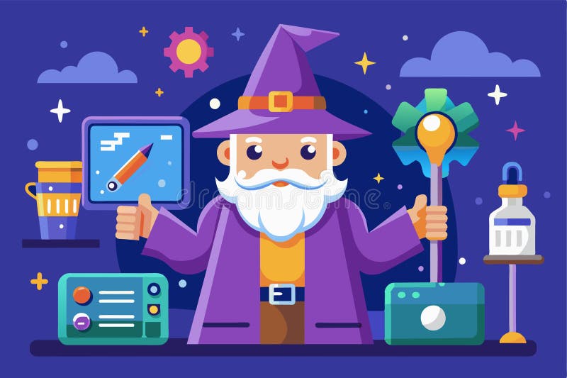A Cheerful Wizard Displays Various Customizable Tools for Engaging with ...