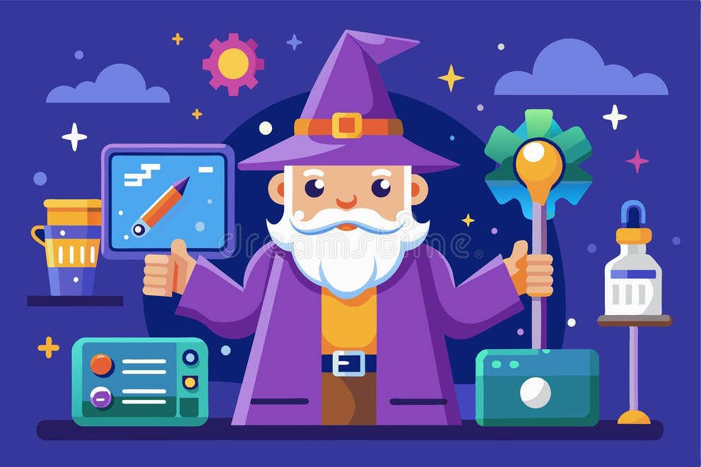 A Cheerful Wizard Displays Various Customizable Tools for Engaging with ...