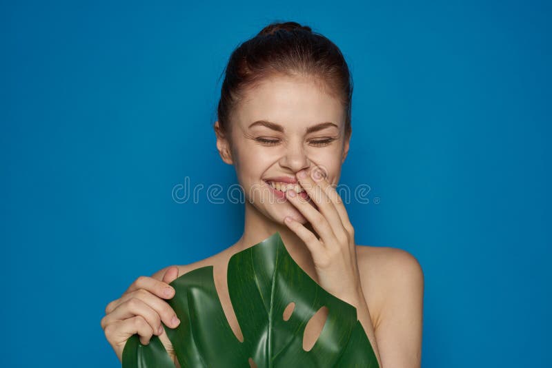 Cheerful Woman Clean Skin Palm Leaf Cosmetics Isolated Background Stock