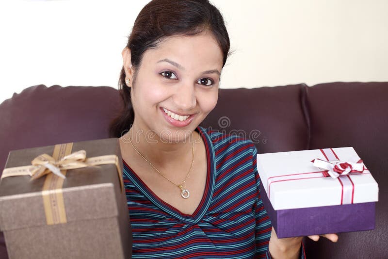 Cheerful Woman with Gift Boxes Stock Image - Image of student, boxes ...