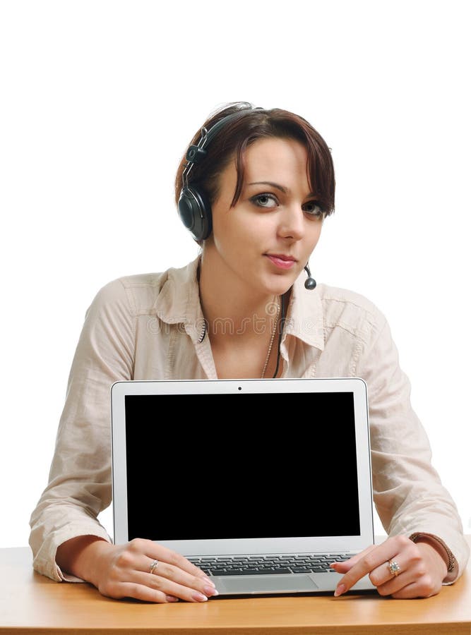 Cheerful Woman in the Headset and with a Computer Stock Photo - Image ...