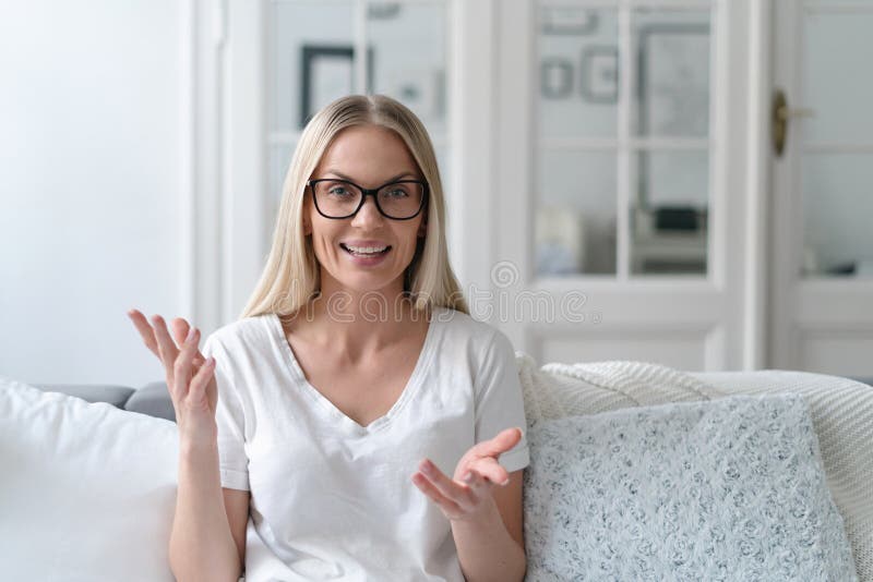 Happy Blonde Female Having Webcam Conversation, Gesticulate, Talking ...