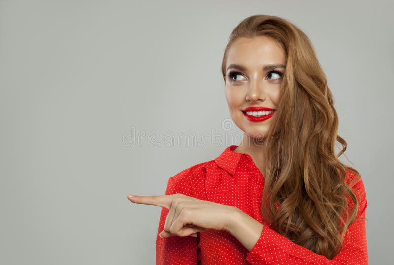 Cheerful Woman Model Portrait Pretty Girl Smiling And Pointing On
