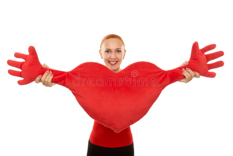 Cheerful Woman with Plush Heart Stock Photo - Image of background ...