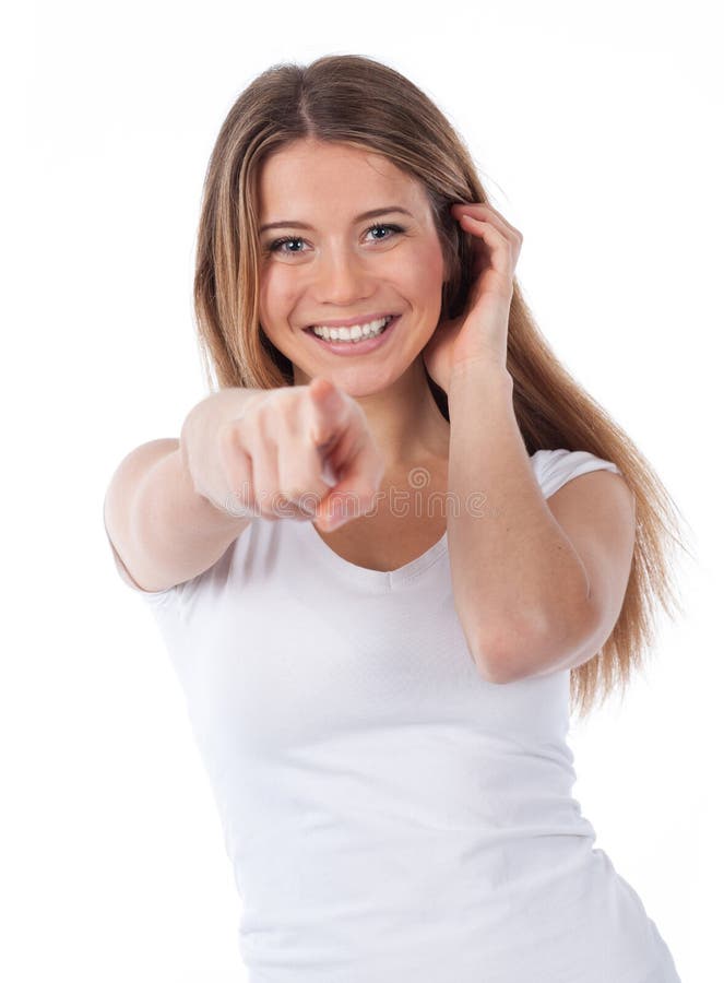 Cheerful Woman Pointing To the Front Stock Image - Image of happy, cute ...