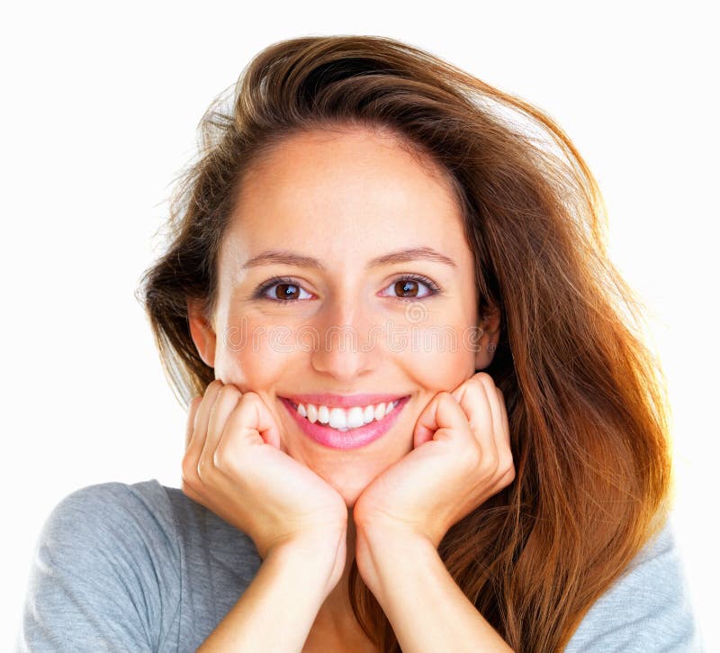 Cheerful Woman Resting Face in Hands Stock Photo - Image of excitement ...