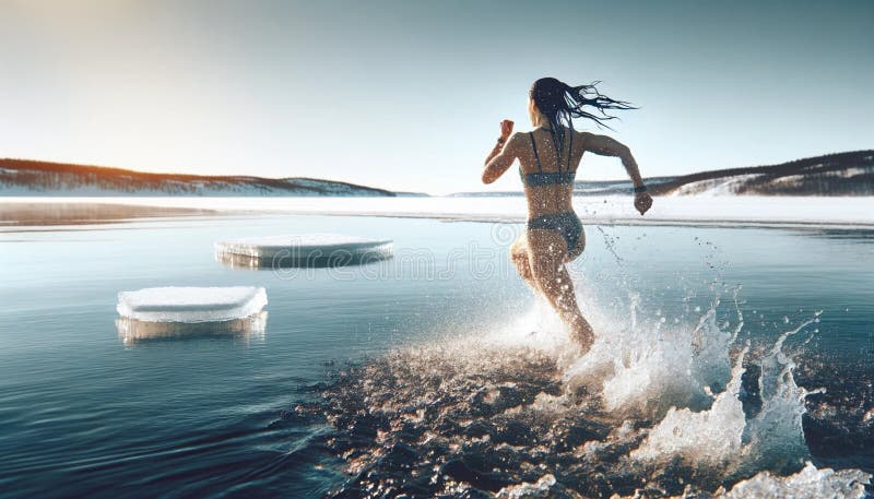 Cheerful Woman Running in a Cold Water Stock Illustration ...